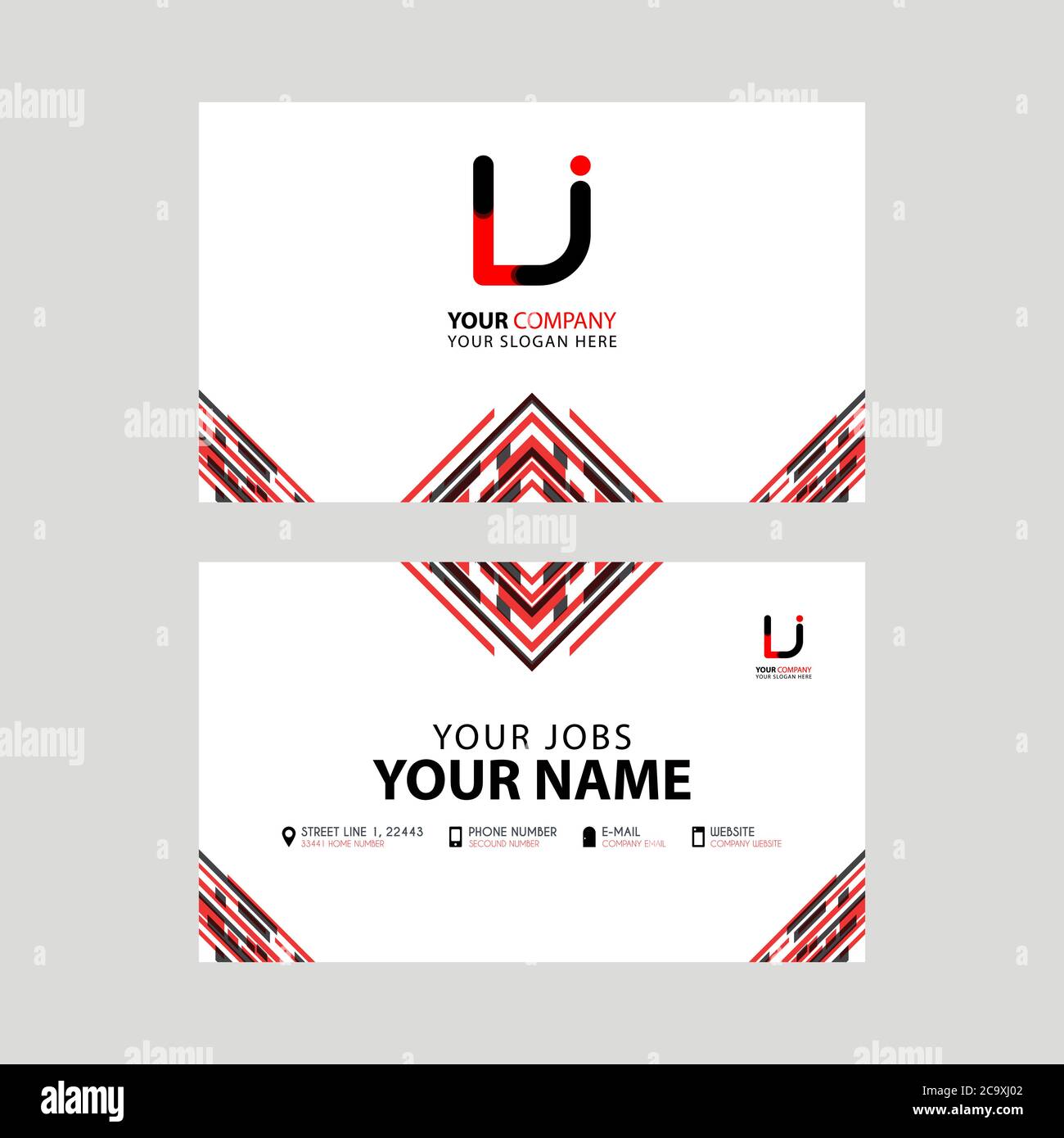 Horizontal name card with LJ logo Letter and simple red black and ...