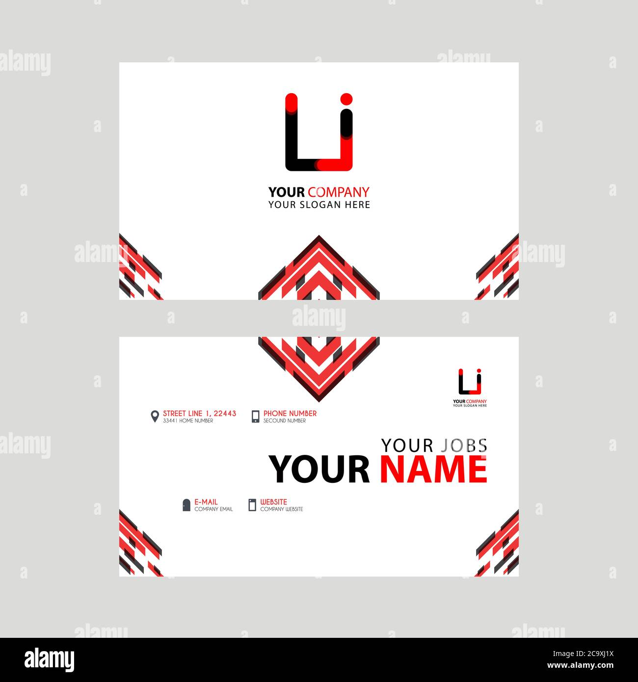 Horizontal name card with LI logo Letter and simple red black and ...