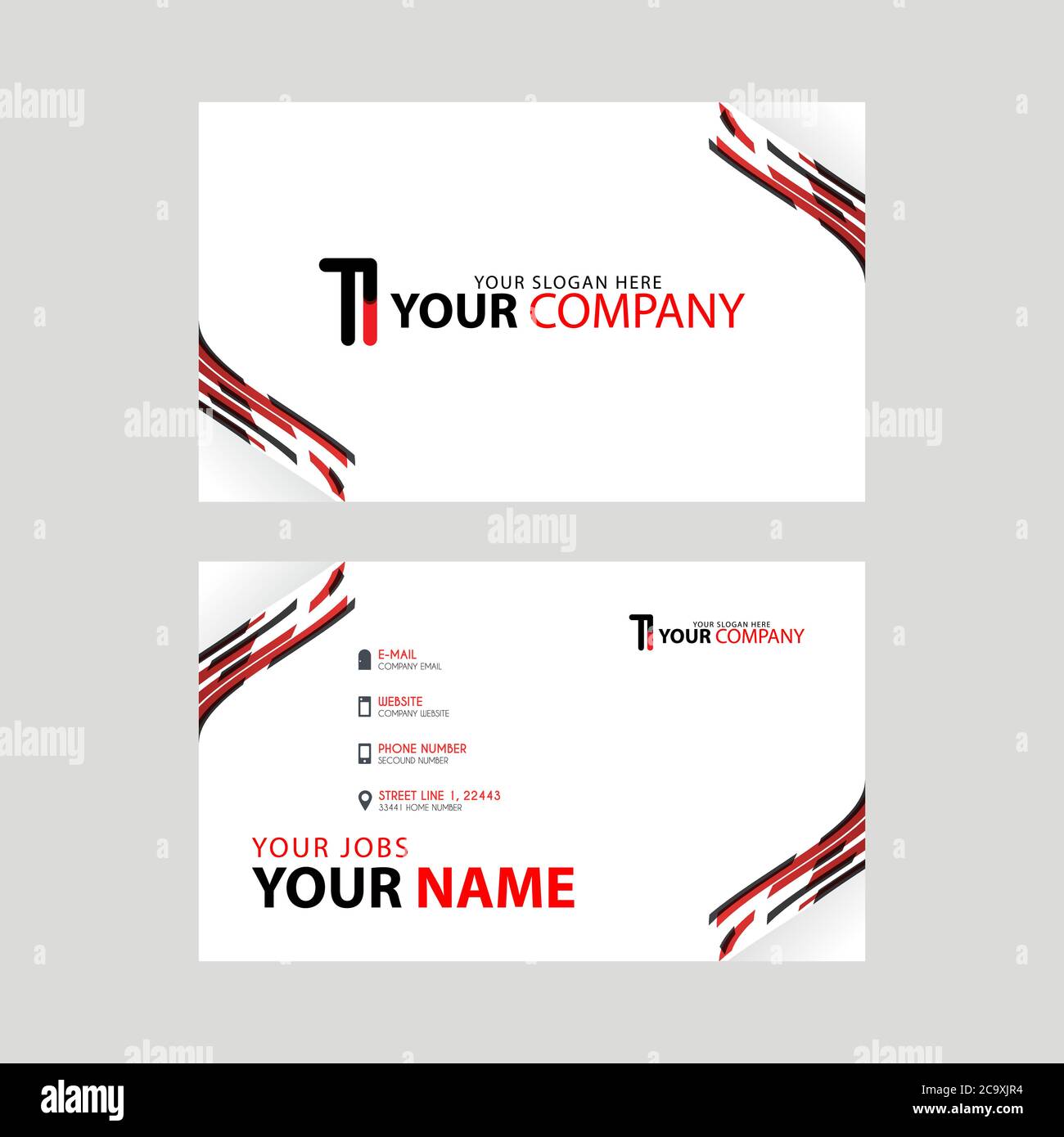 The TI logo on tThe TI logo on the red black business card with a ...
