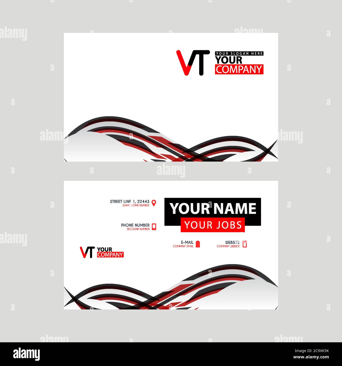 Horizontal name card with VT logo Letter and simple red black and ...