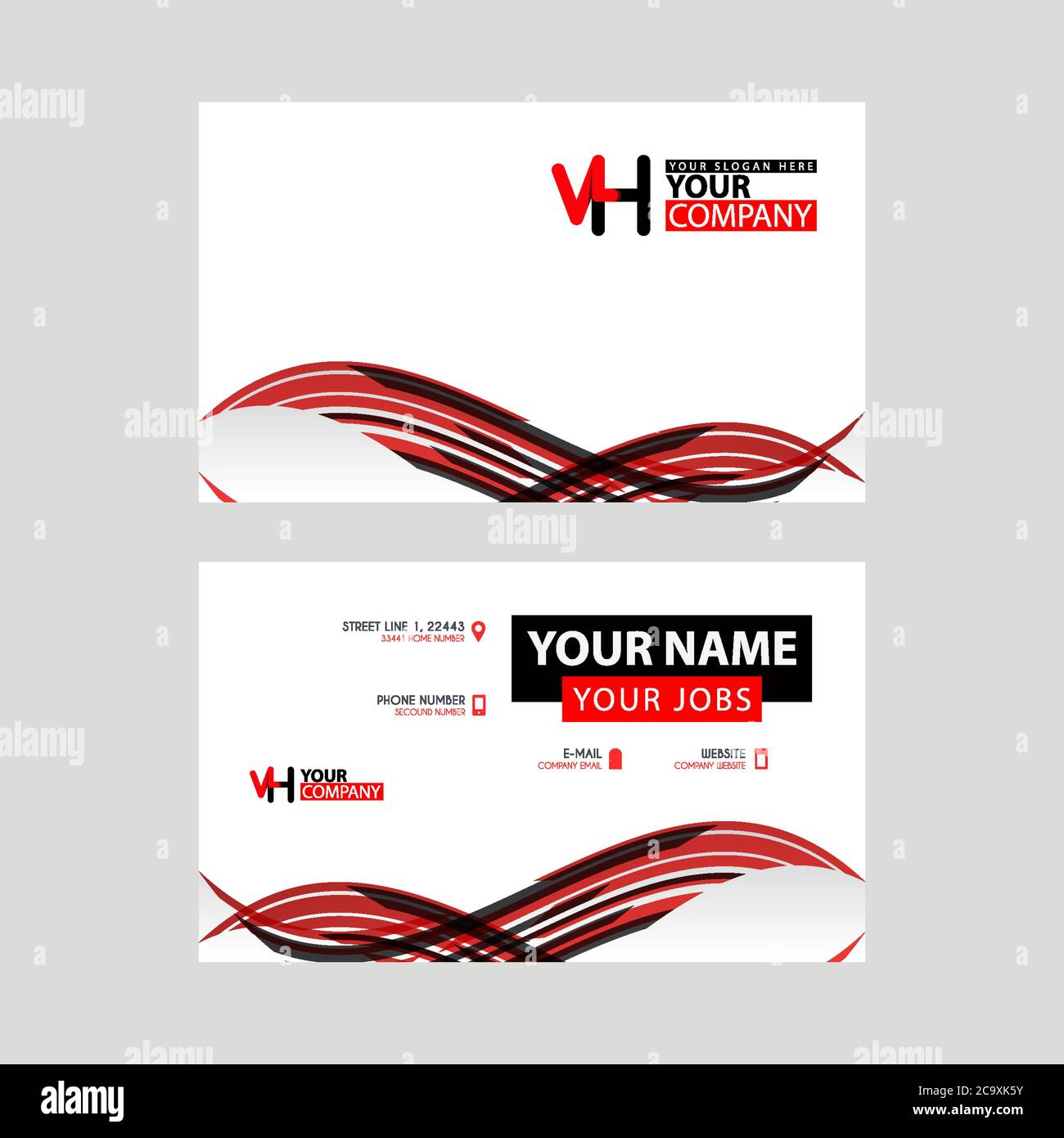 Horizontal name card with VH logo Letter and simple red black and ...
