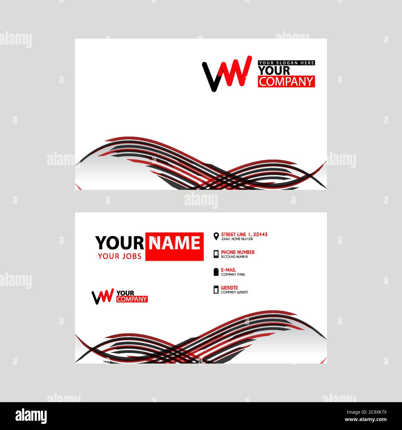 Horizontal name card with VW logo Letter and simple red black and ...