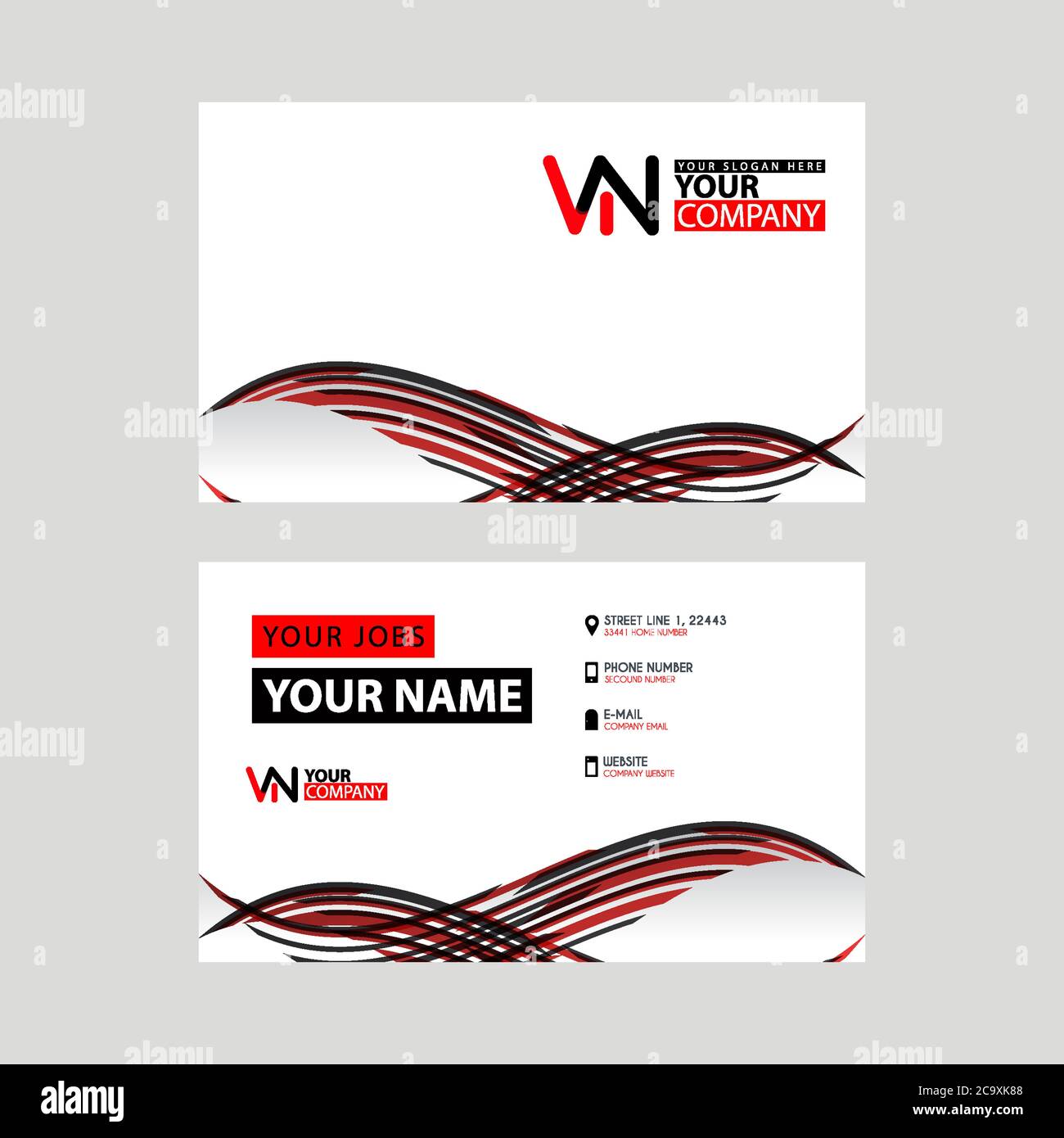 Horizontal name card with VN logo Letter and simple red black and ...