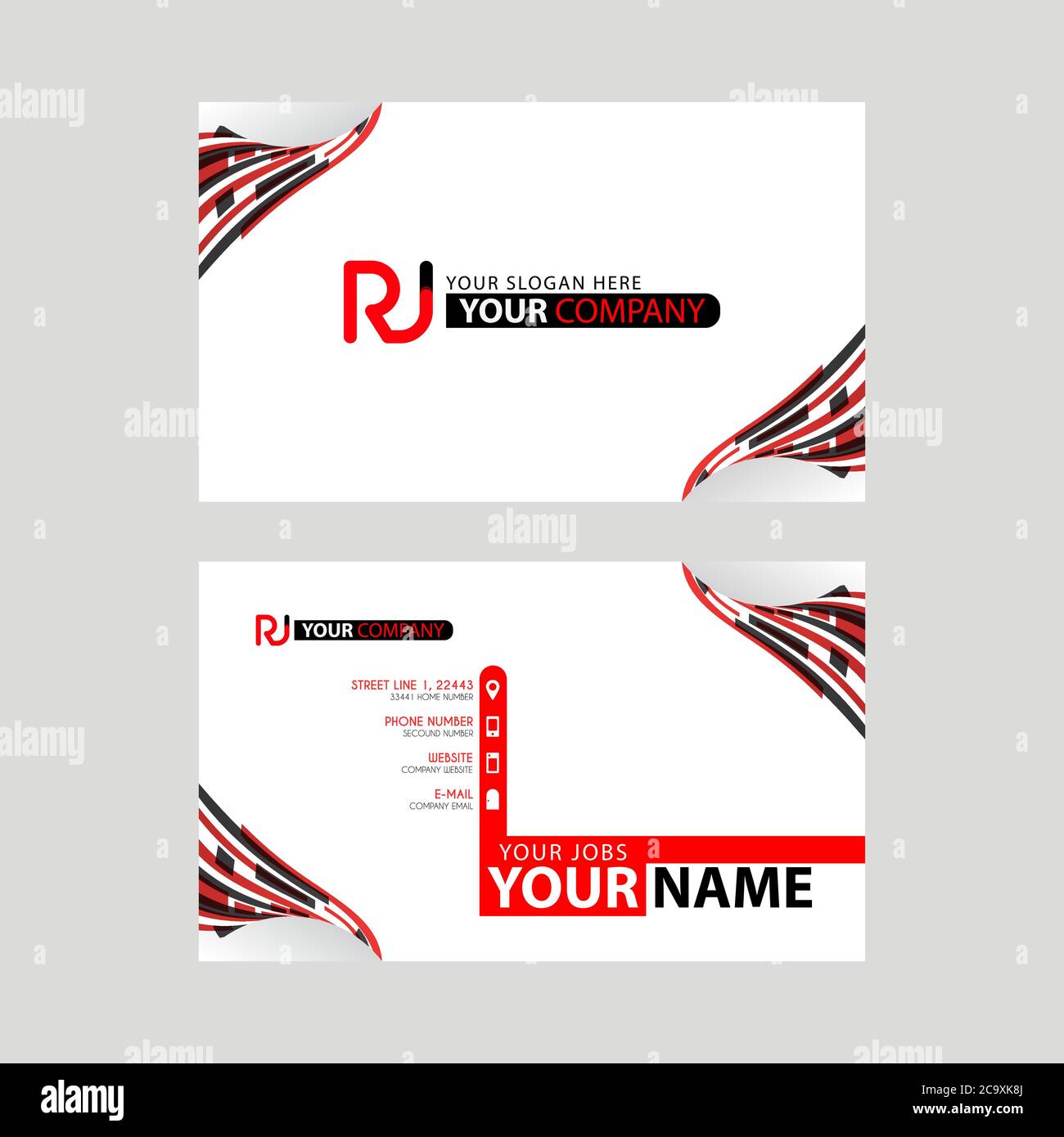 Logo RJ design with a black and red business card with horizontal and ...