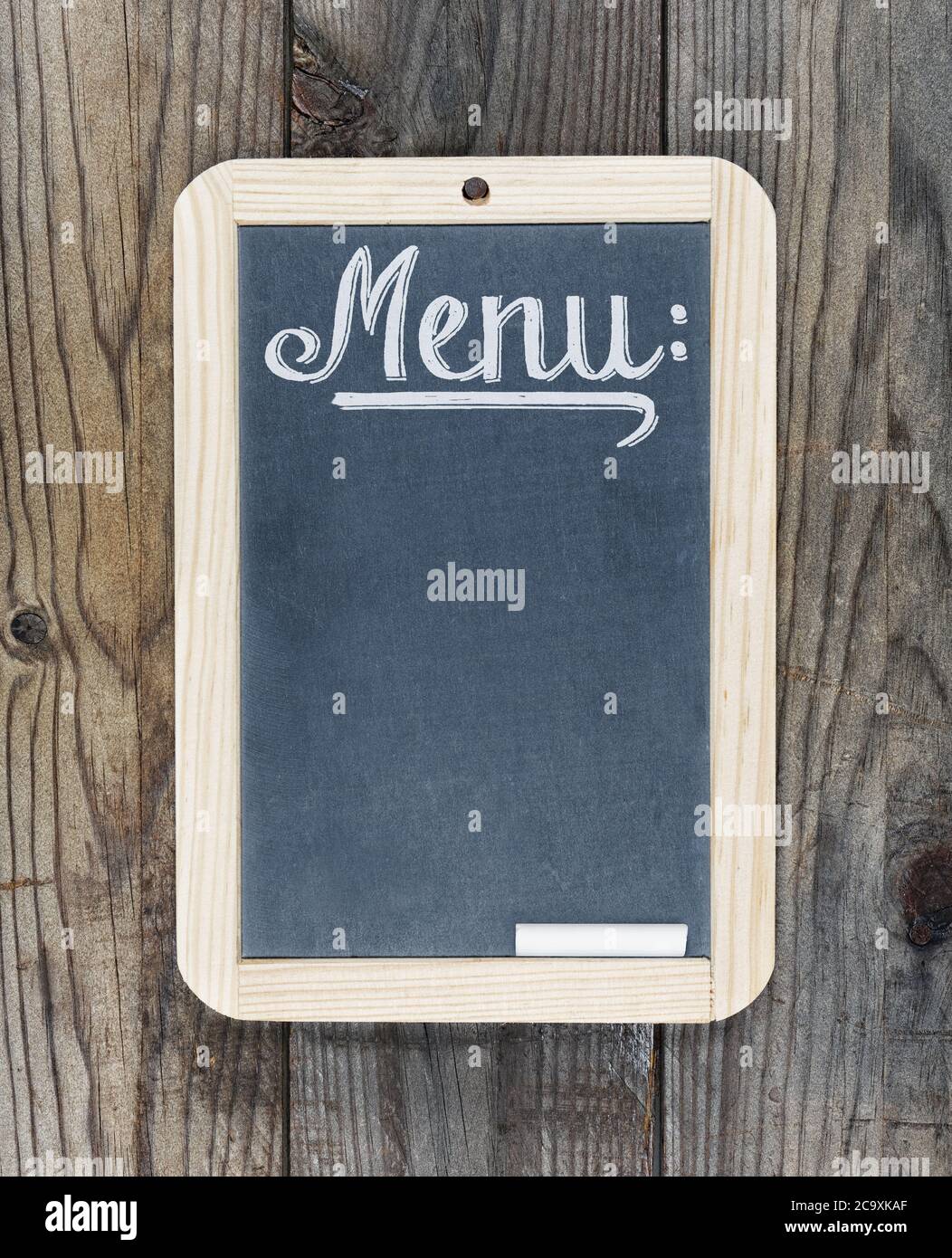 Blackboard chalkboard with text menu on wooden background Stock Photo ...