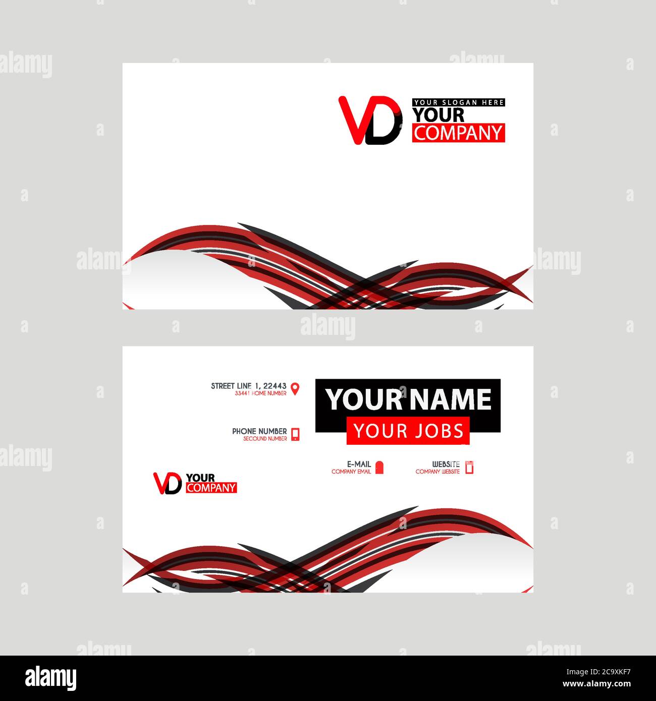 Horizontal name card with VD logo Letter and simple red black and ...