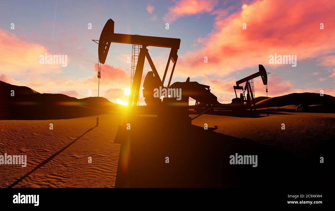 Oil pumps in the desrt over dusk sun. 3d illustration Stock Photo - Alamy