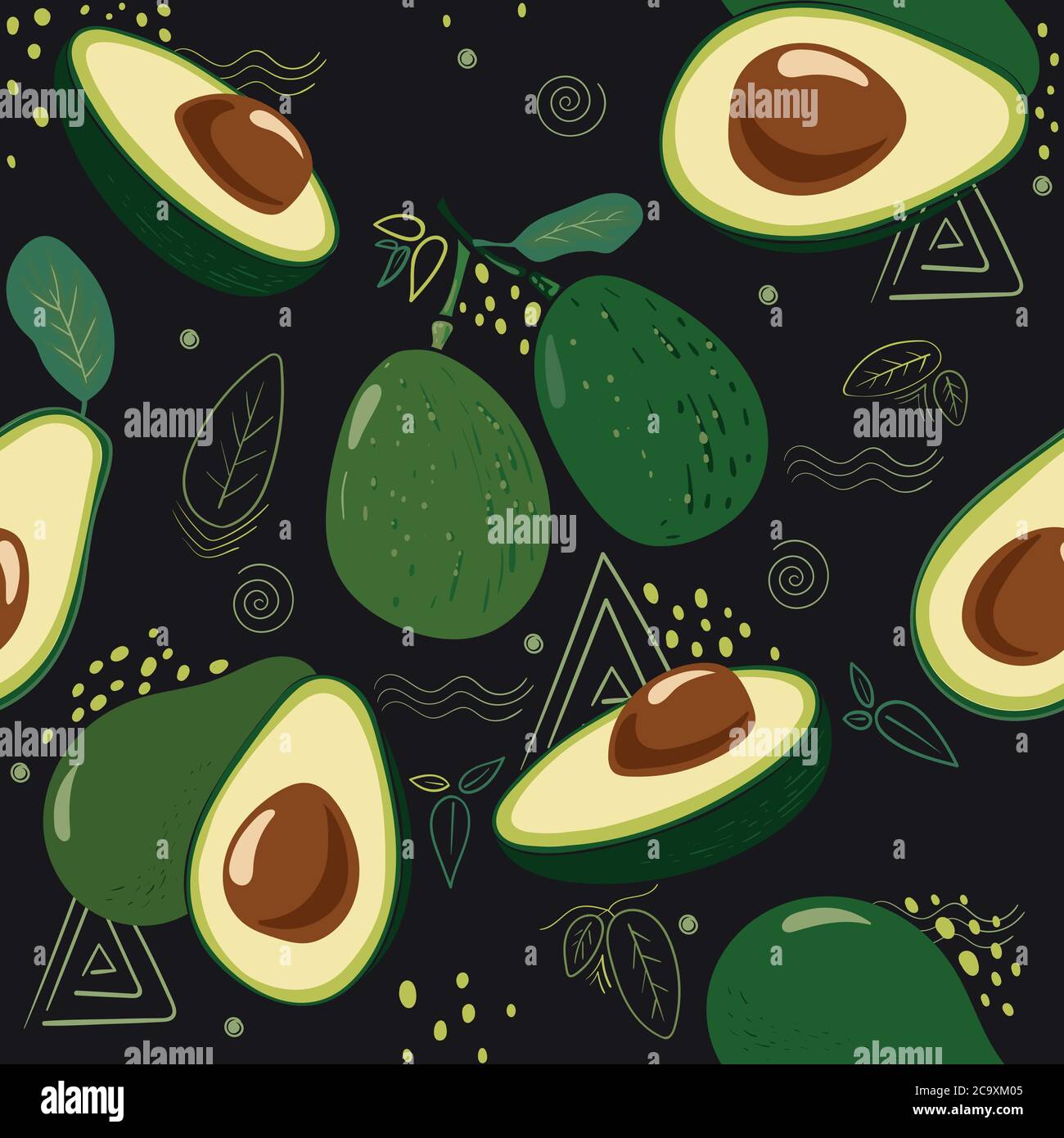 Seamless pattern of half avocado on dark background. Vector print for ...
