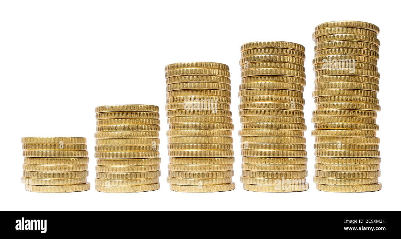 Stacks chart of gold coins isolated on white background Stock Photo - Alamy