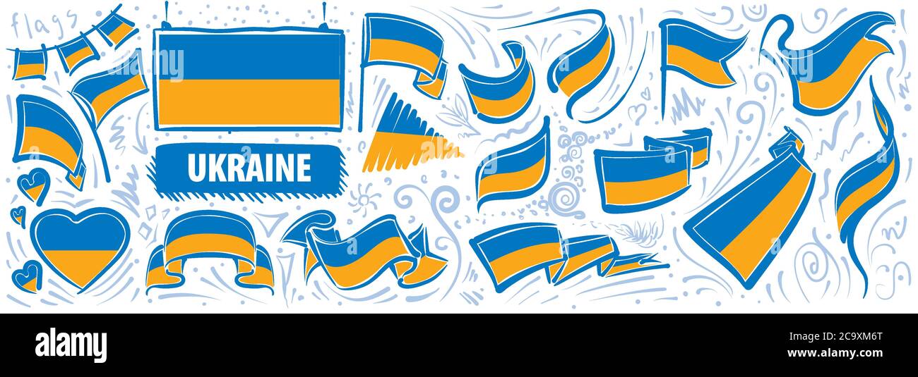 Vector set of the national flag of Ukraine in various creative designs ...