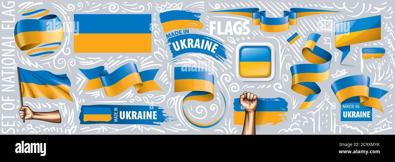 Vector set of the national flag of Ukraine in various creative designs ...