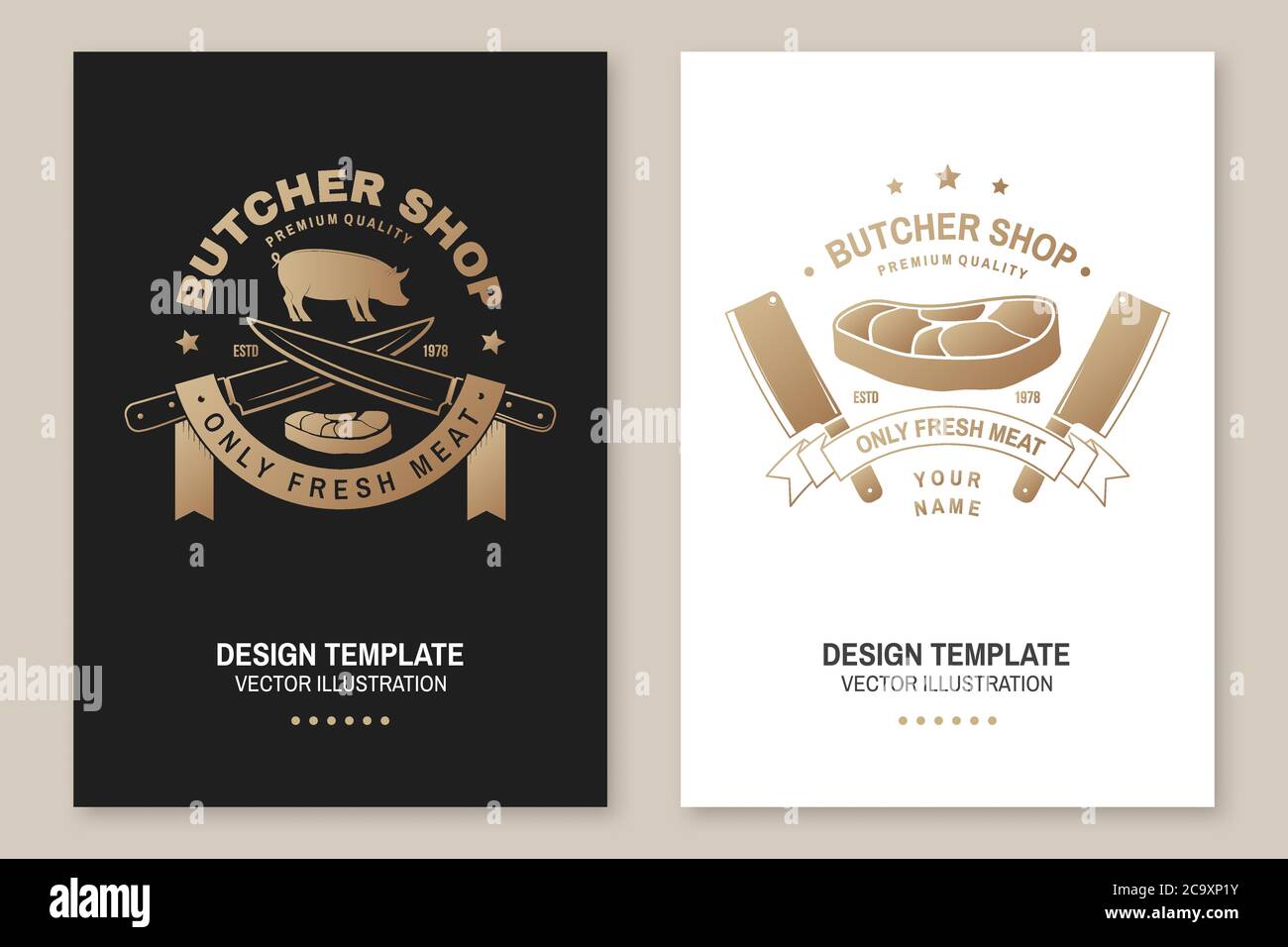 Butcher meat shop Badge or Label with Pig, pork, Steak and kitchen ...