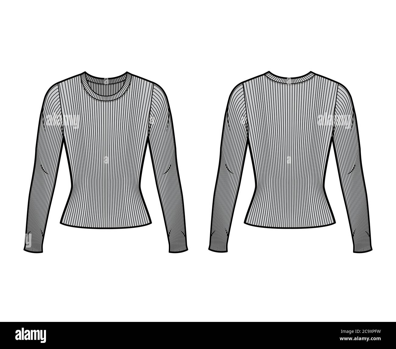 Ribbed crew neck knit sweater technical fashion illustration with long ...