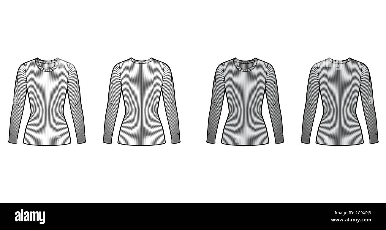 Ribbed crew neck knit sweater technical fashion illustration with long ...