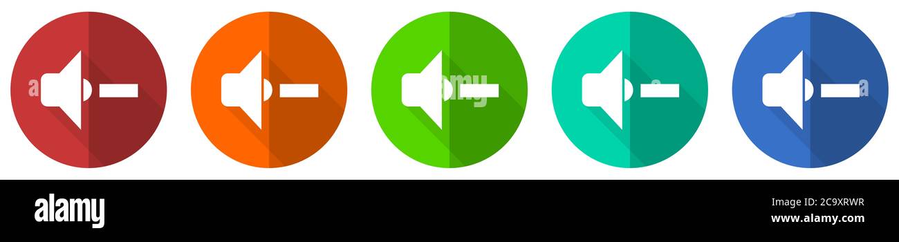 Speaker volume icon set, red, blue, green and orange flat design web ...