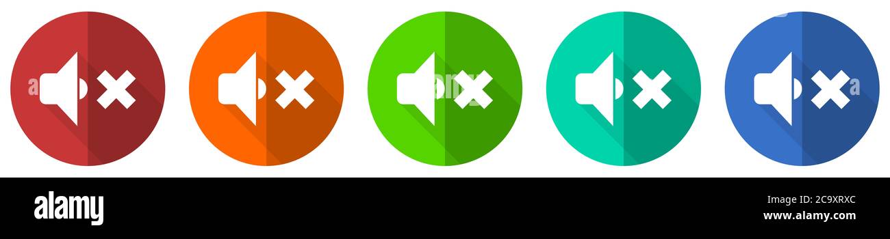 Speaker volume icon set, red, blue, green and orange flat design web ...
