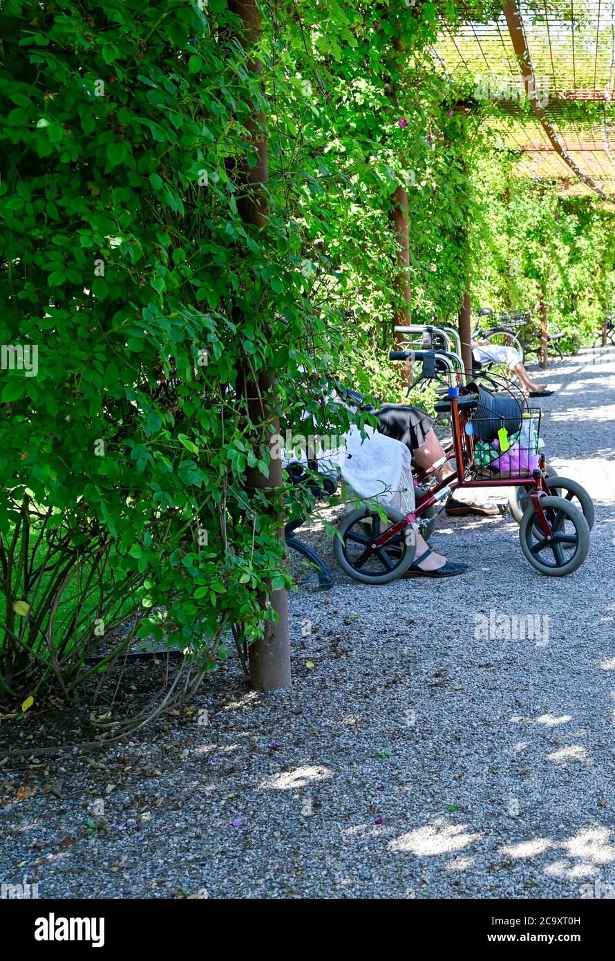 old woman resting in shade with her walker Stock Photo - Alamy