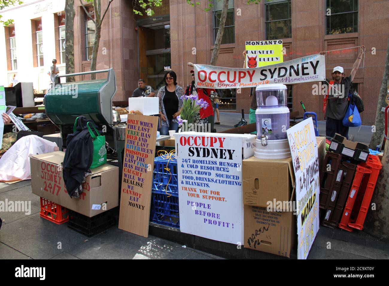 Pictured is the Occupy Sydney settlement in Martin Place as they mark ...
