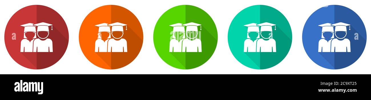 Education icon set, educate, graduate, female and male students, red ...