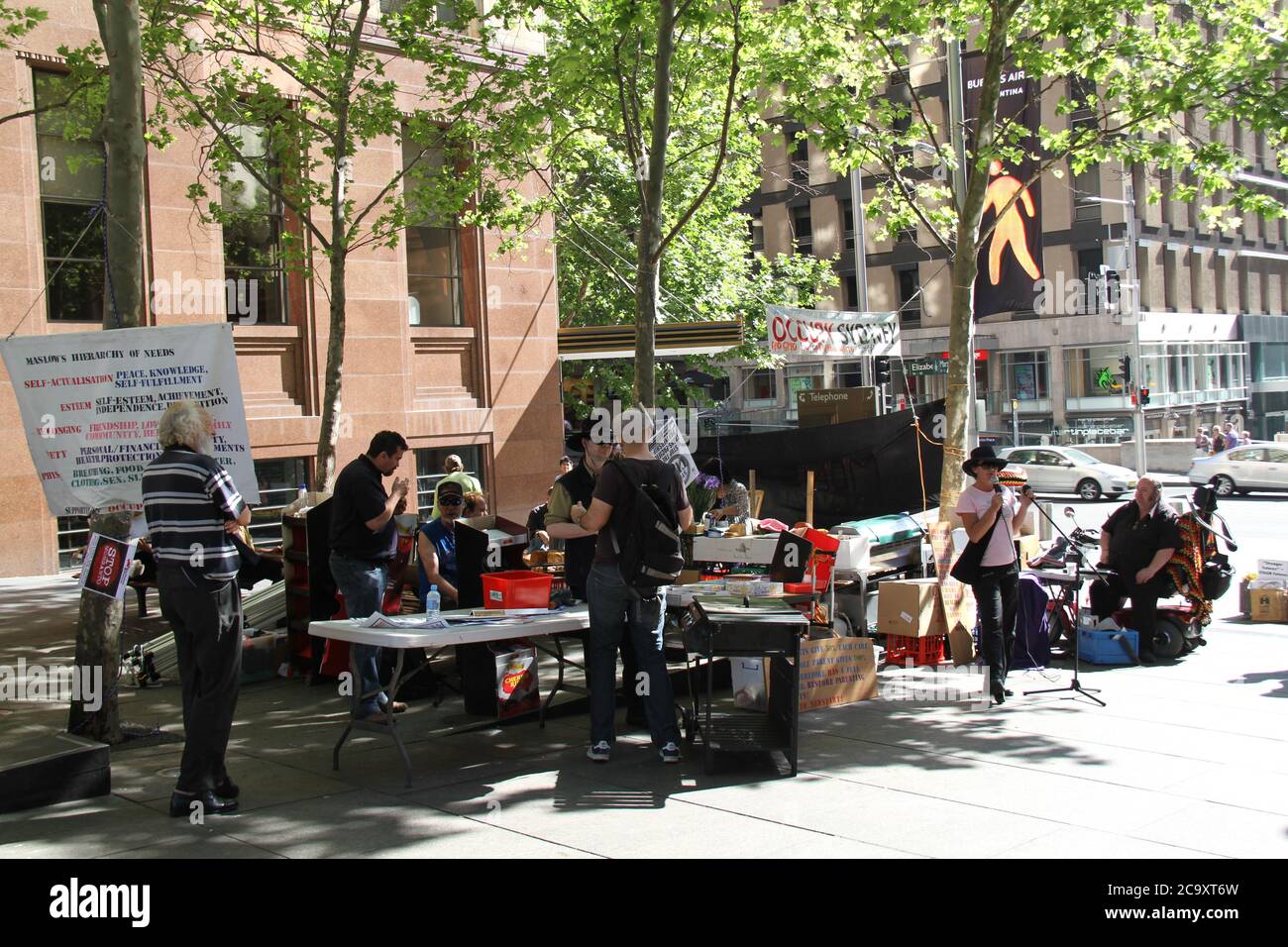 Pictured is the Occupy Sydney settlement in Martin Place as they mark ...