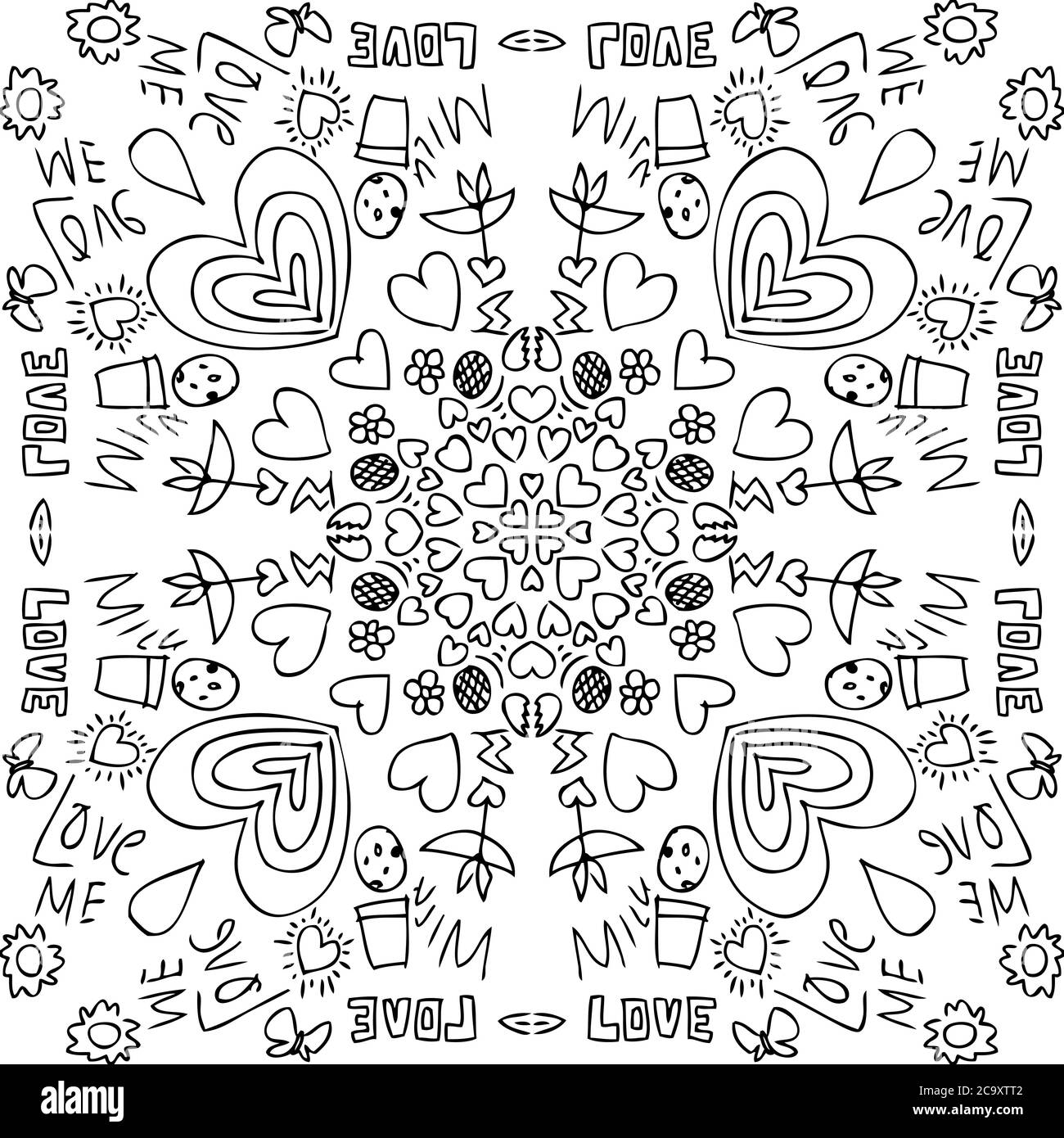 doodle love with a circle shape. there are leaves, stems, flowers ...