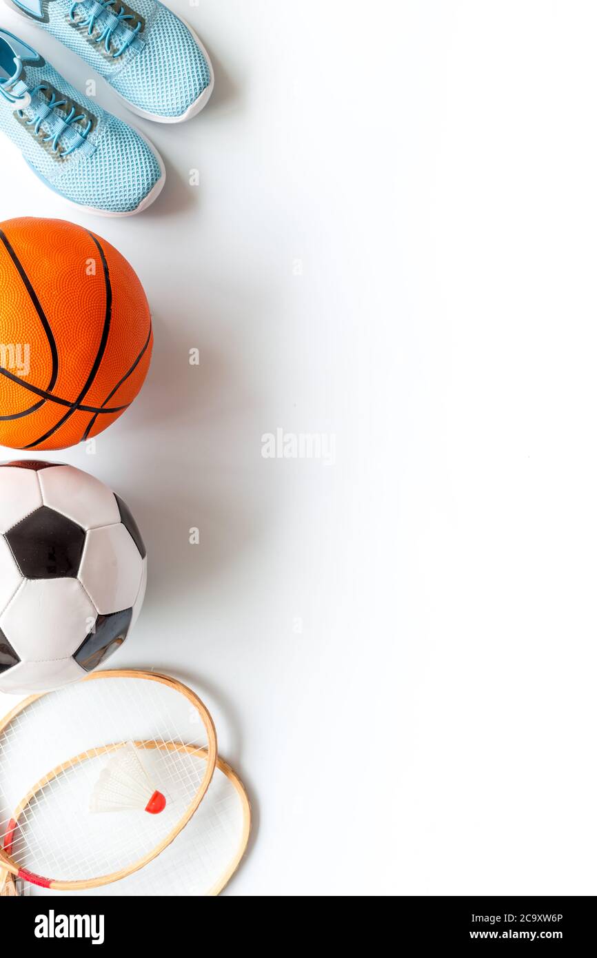 Frame of sport balls - football, basketball, badminton on white ...