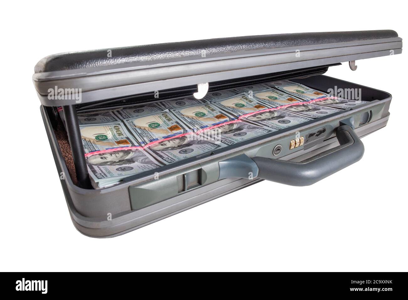 ajar modern suitcase with money dollars on a white background ...