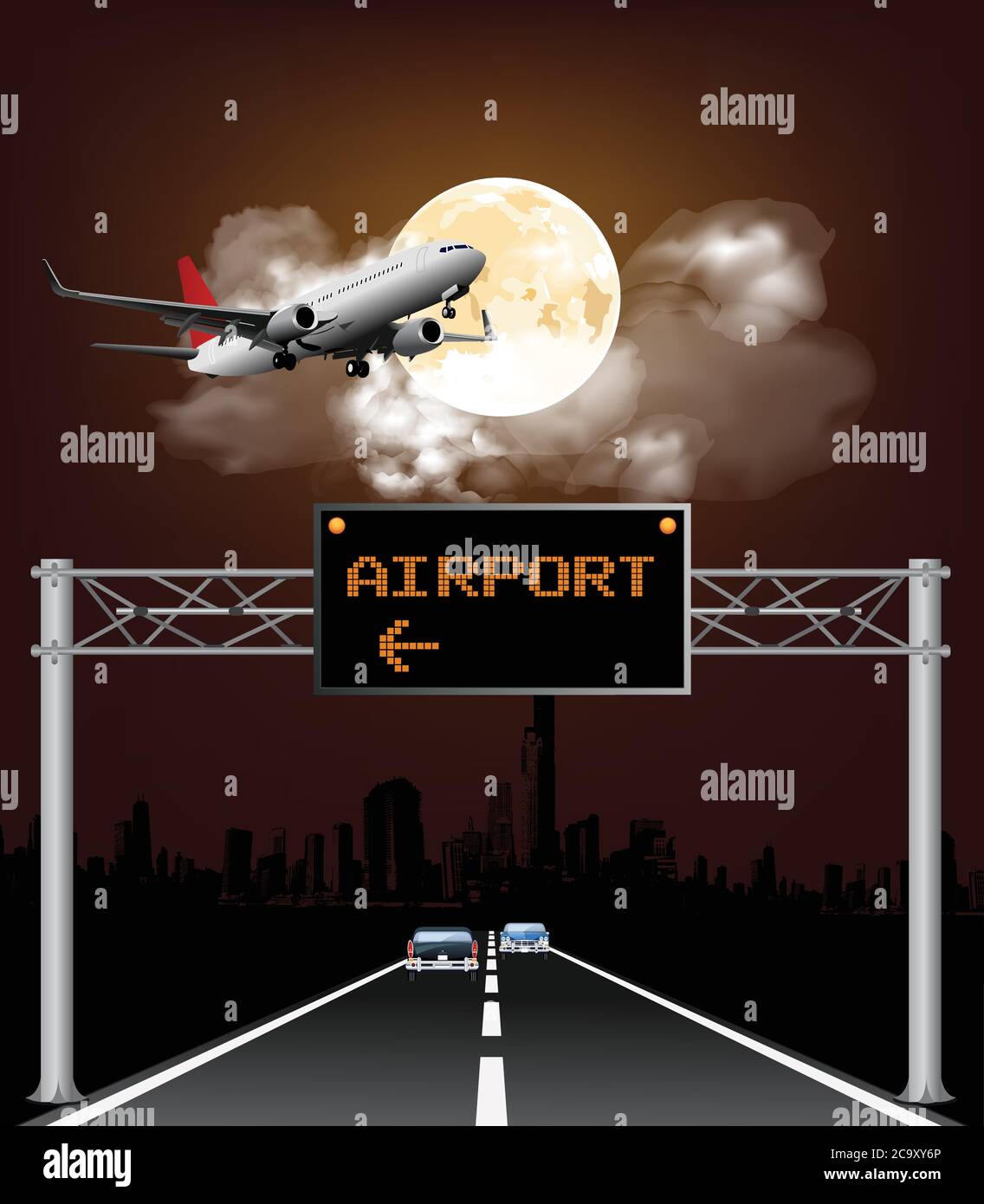 Roadway overhead gantry sign with passenger airplane taking off from ...