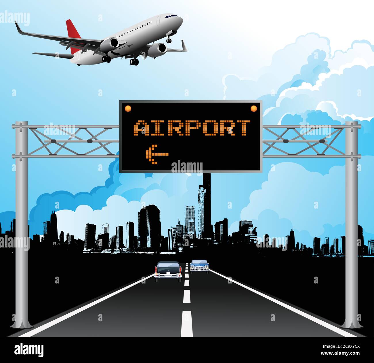 Roadway overhead gantry sign with passenger airplane taking off from ...
