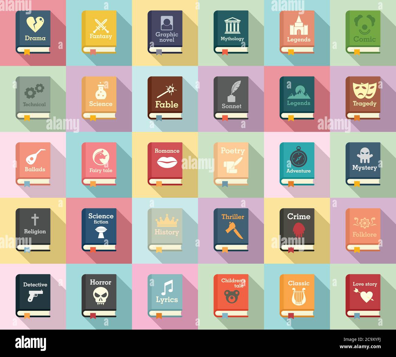Literary genres icons set. Flat set of literary genres vector icons for ...