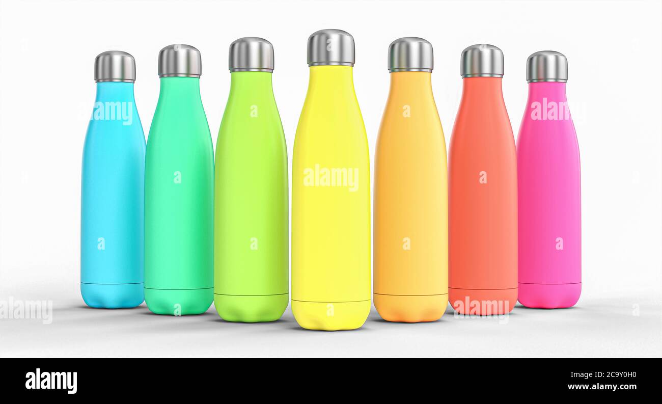 set of thermal colored steel bottles on a white background. nobody ...