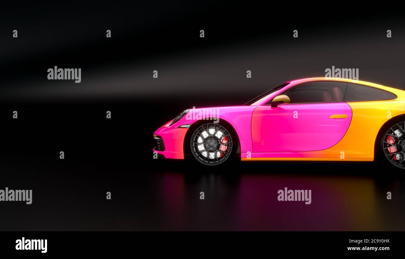 multi-color sports car on a black background, side view. nobody around ...
