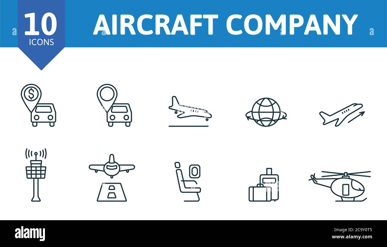 Aircraft Company icon set. Collection contain arrival, board, departure ...
