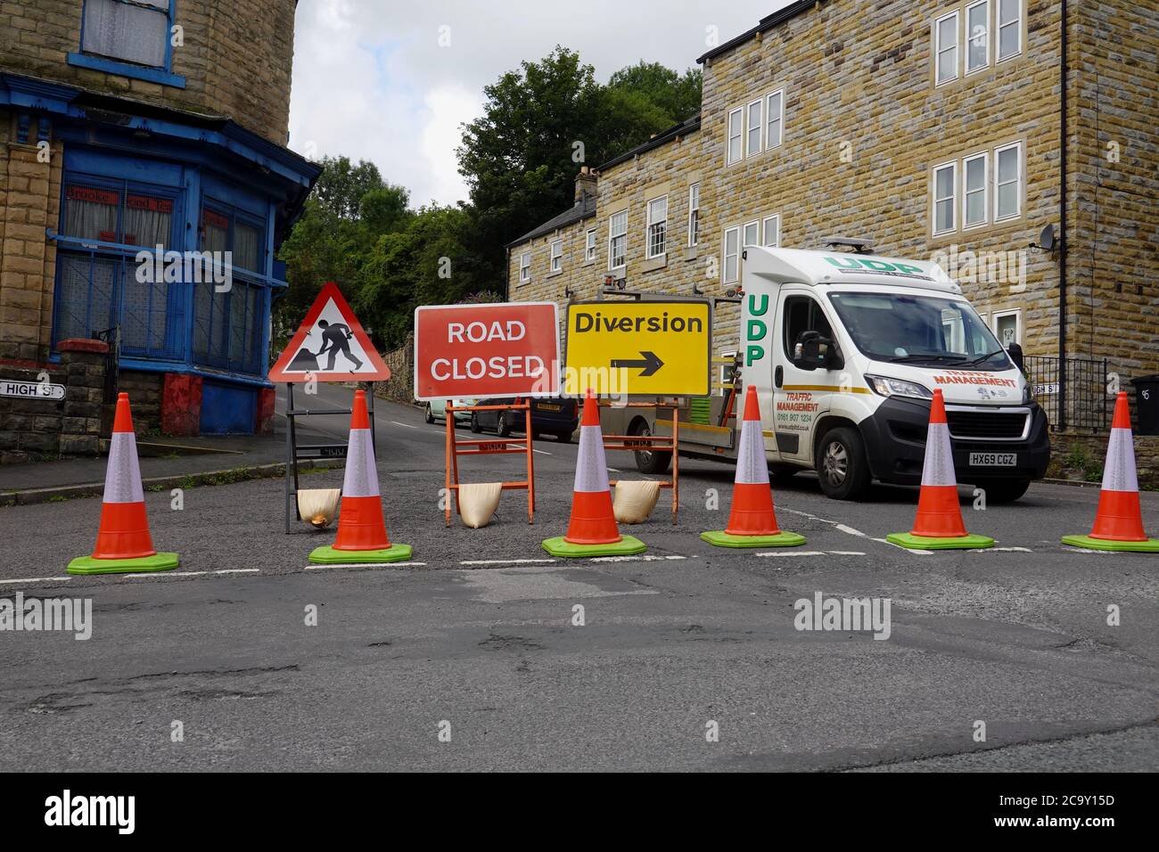 Road signs indicating a closed road in New Mills, Derbyshire Stock ...