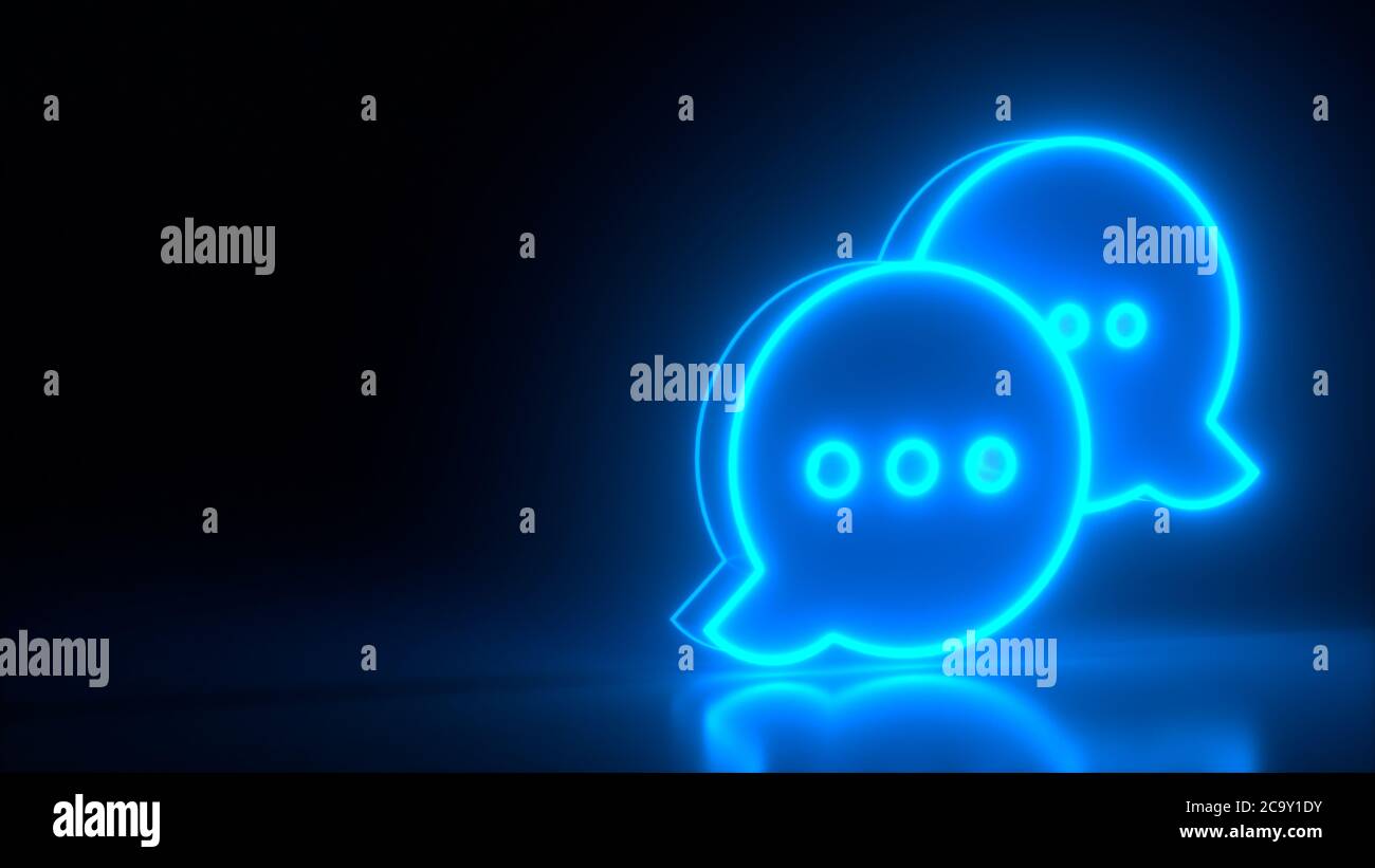 Futuristic glowing blue neon dialog symbol on black dark background ...