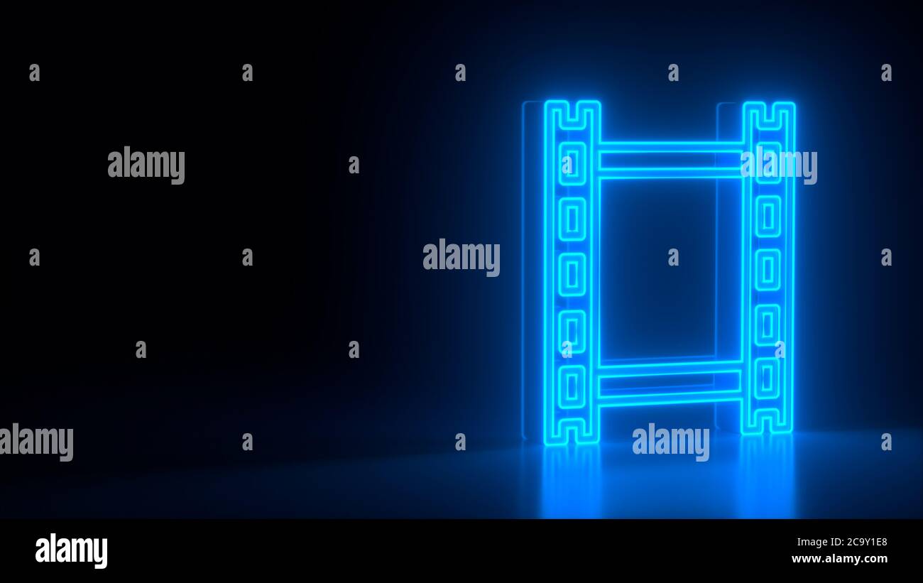 Futuristic glowing blue neon film strip frame symbol on black dark ...
