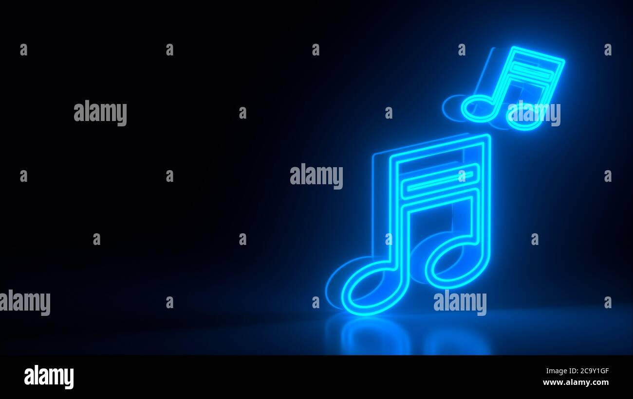 Futuristic glowing blue neon musical notes symbol on black dark ...