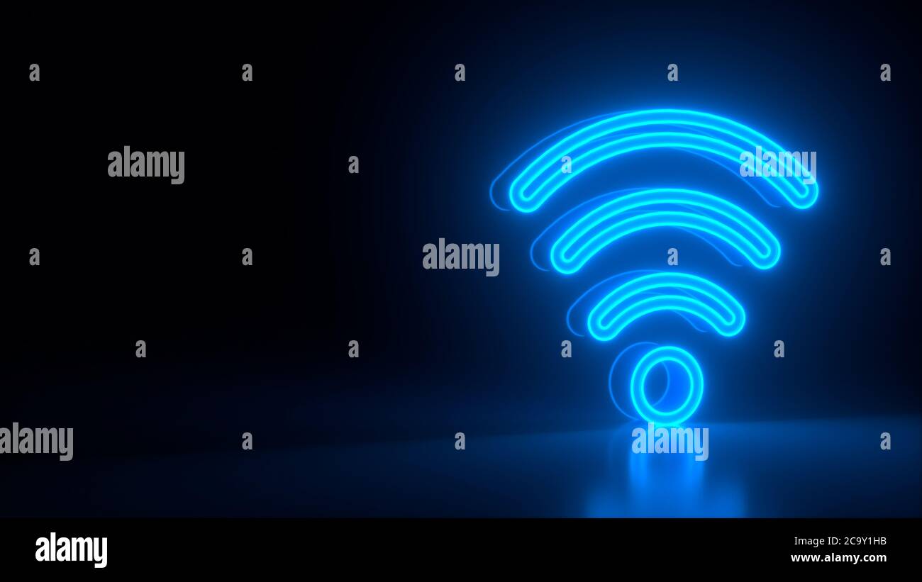 Futuristic glowing blue wi-fi symbol on black dark background with ...
