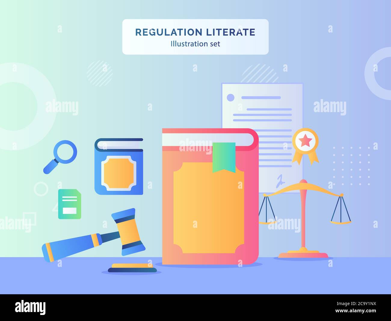 Regulation literate illustration set book hammer background of scale ...