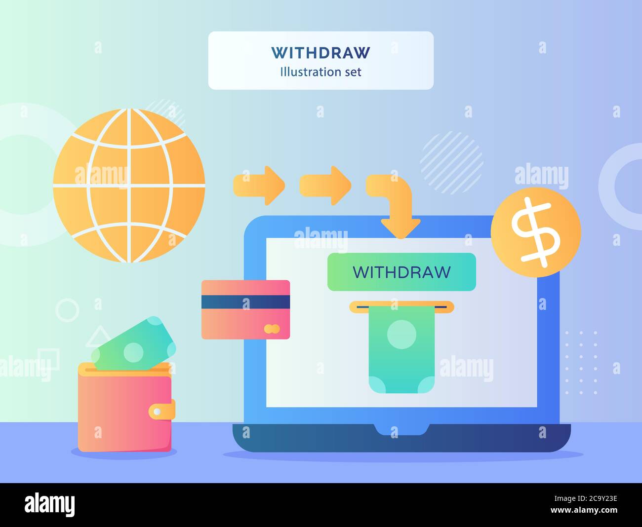 Withdraw illustration set money out of the monitor laptop background of ...