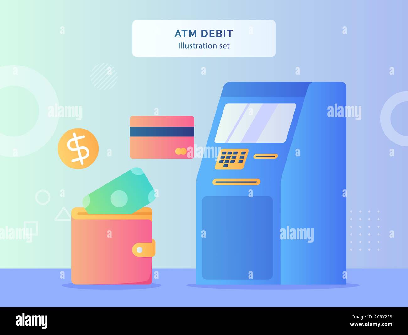 ATM debit illustration set ATM machine nearby card bank coin money put ...