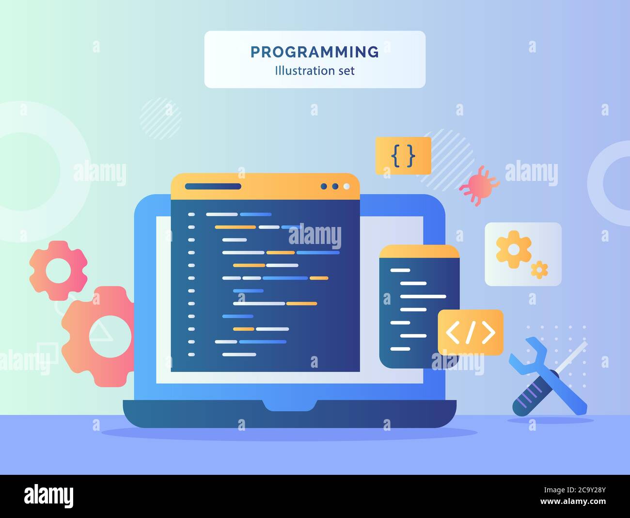 Programming illustration set coding language program on display monitor laptop background of ...