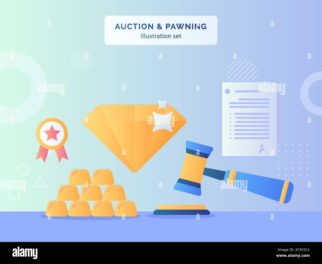 Auction and Pawning illustration set hammer background of diamond gold ...