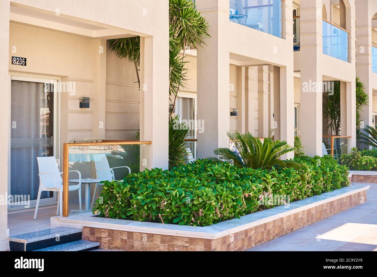 Empty hotel terrace background. Hotel without tourists Stock Photo - Alamy