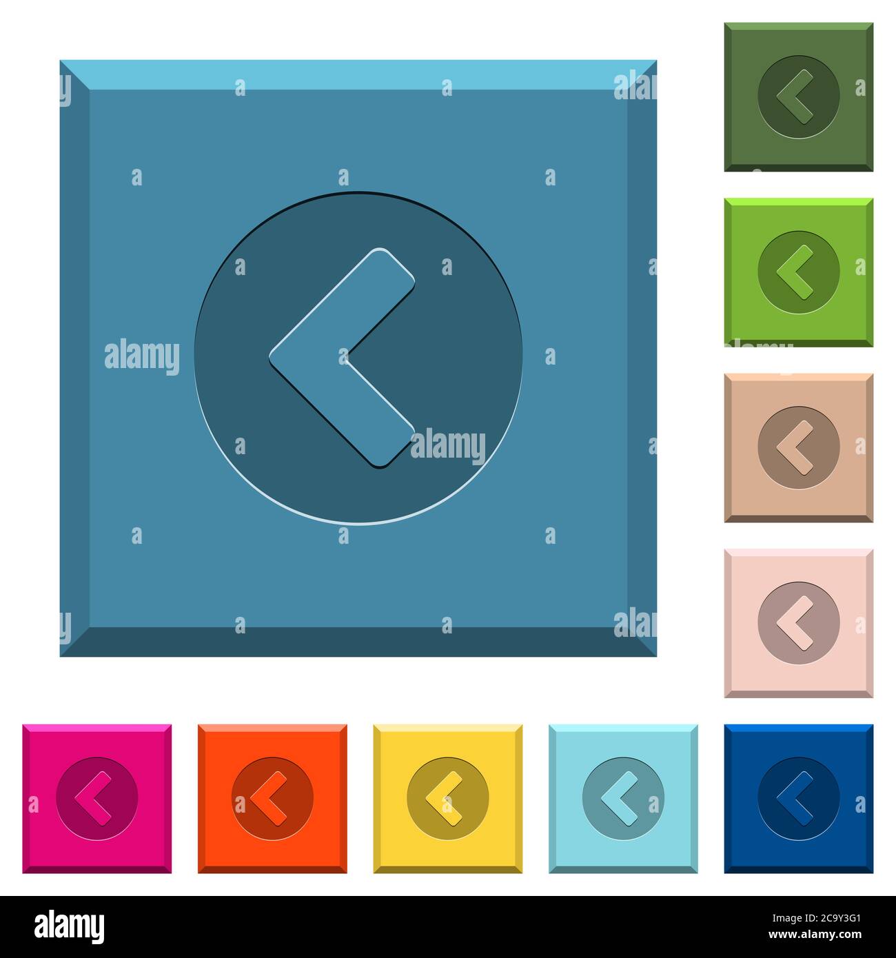 Chevron left engraved icons on edged square buttons in various trendy ...