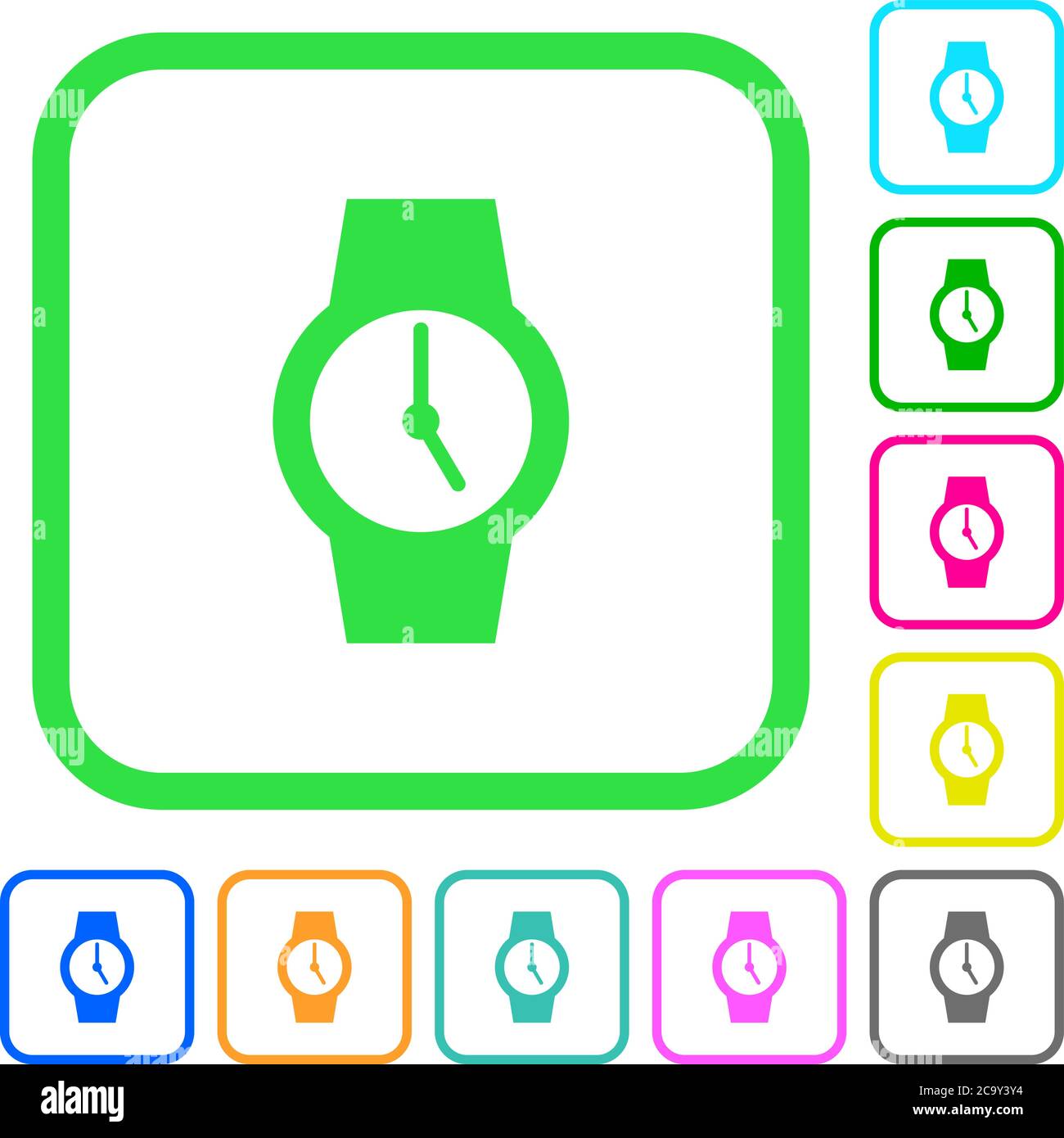 Watch vivid colored flat icons in curved borders on white background ...