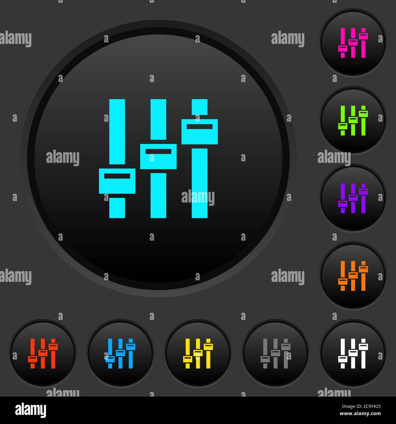 Adjust dark push buttons with vivid color icons on dark grey background ...