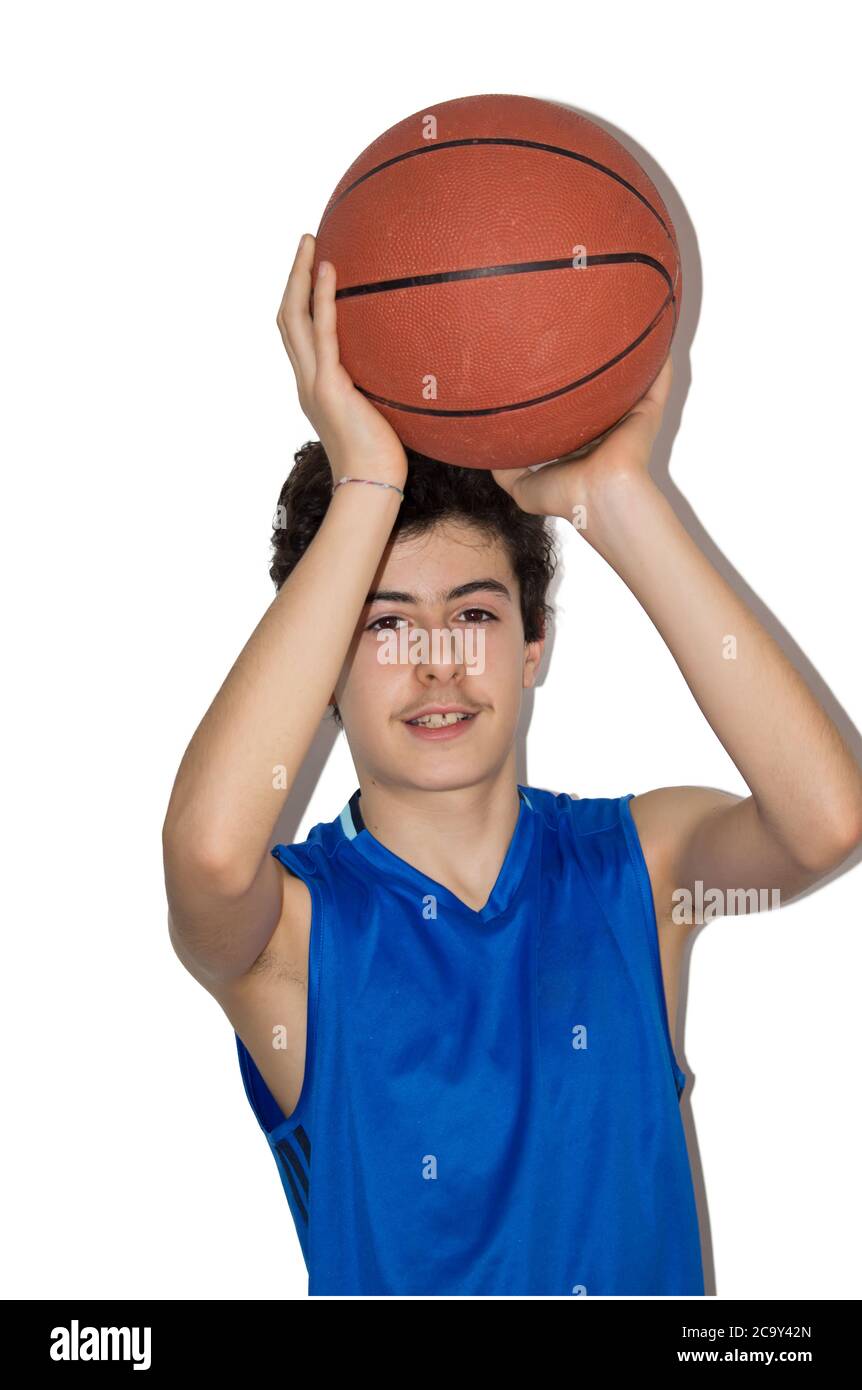 Young boy playing basketball with isolated background Stock Photo - Alamy