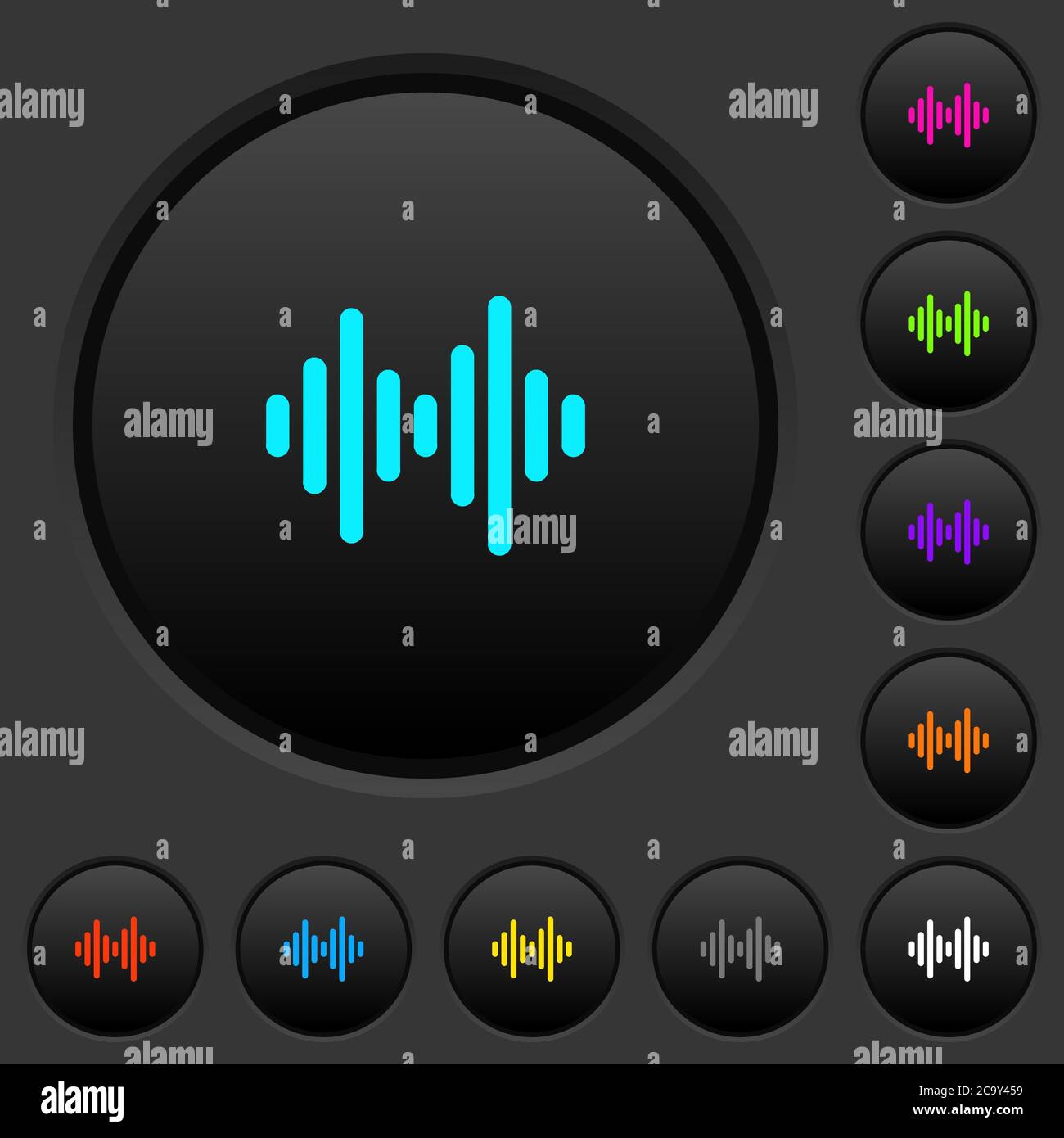 Sound wave dark push buttons with vivid color icons on dark grey ...