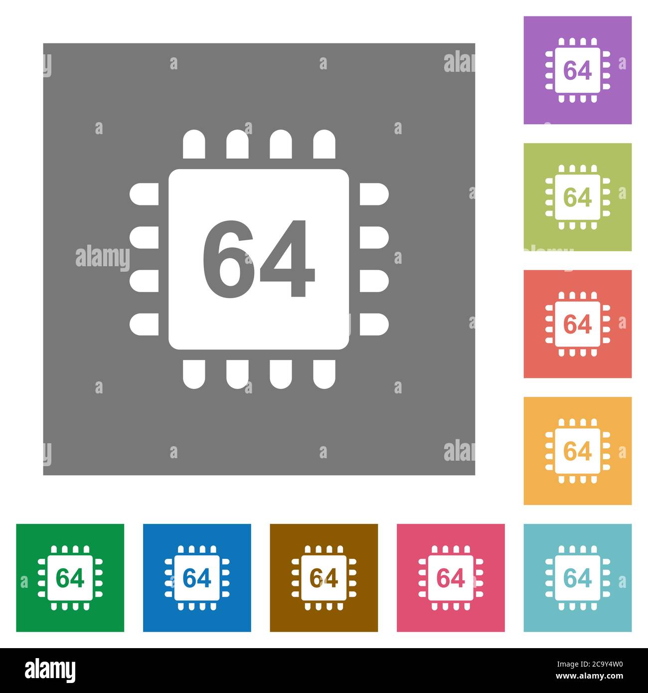 Microprocessor 64 bit architecture flat icons on simple color square backgrounds Stock Vector ...